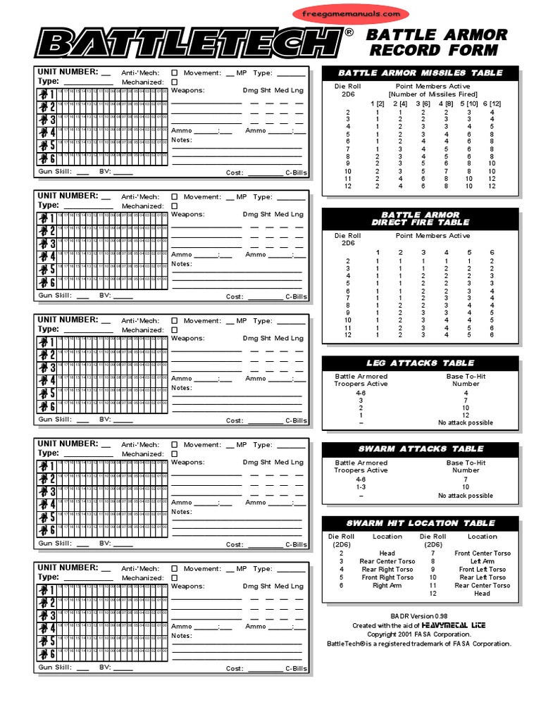 Battletech Battle Armor Record Form.pdf | Military Technology