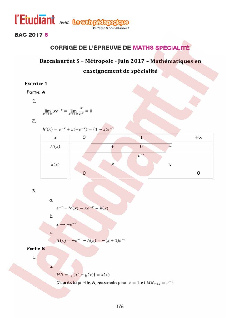 Bac s 2017 Maths Spe Corrige | Mathématiques | Science