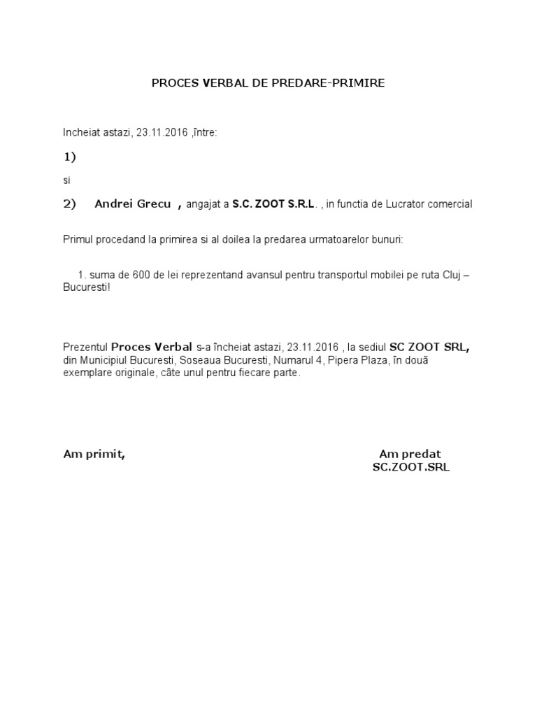 Proces Verbal Predare Primire | PDF
