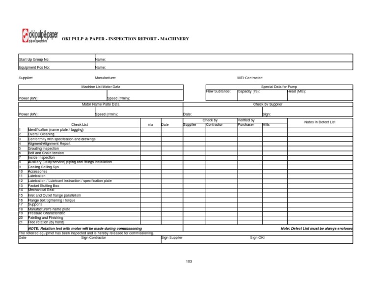 Inspection Report - Machinery | PDF | Machines | Mechanical Engineering