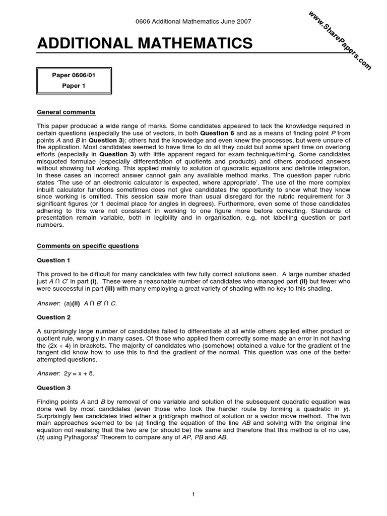 Additional Mathematics: Paper 0606/01 Paper 1 | PDF | Quadratic ...