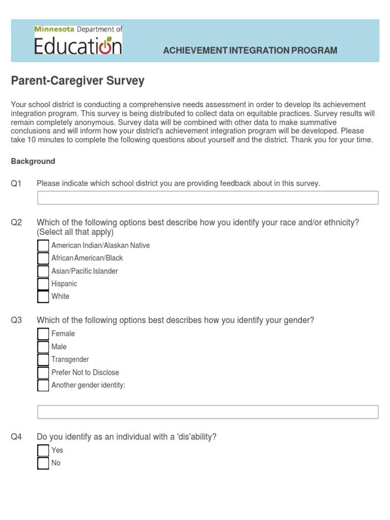 Parent-Caregiver Survey-Word Version | Download Free PDF | Race And ...