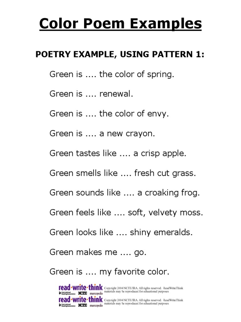 Creative Color Poem Examples | PDF | Home & Garden | Science & Mathematics