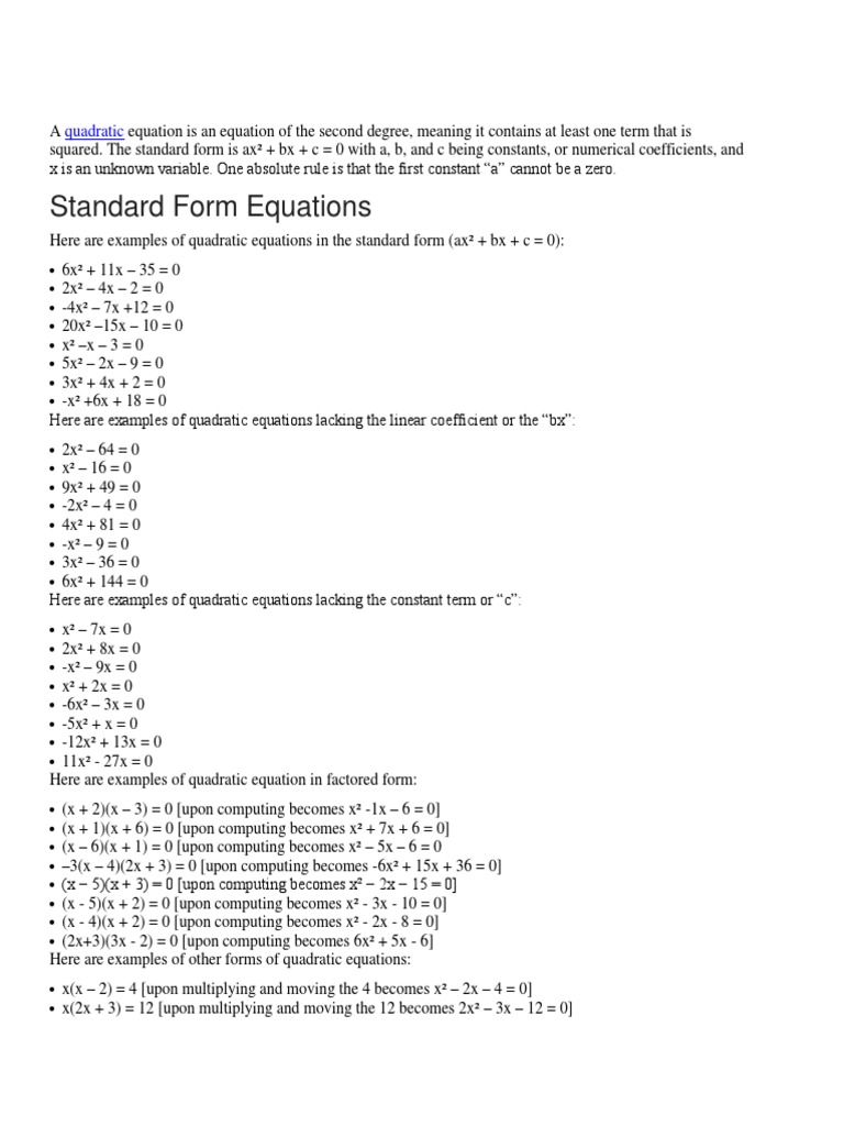Standard Form Equations: Quadratic | PDF