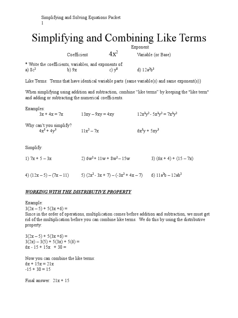 Simplifying and Solving Equations Guide | PDF | Variable (Mathematics ...