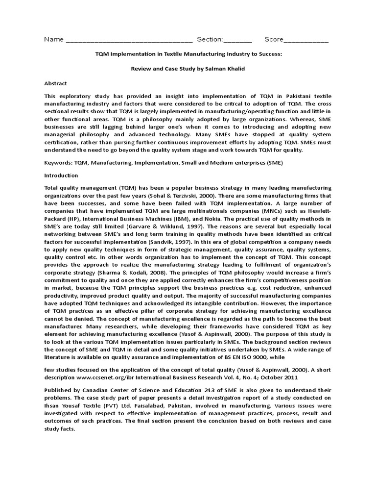 TQM Case Study - Final Exam | PDF | Small And Medium Sized Enterprises | Quality (Business)