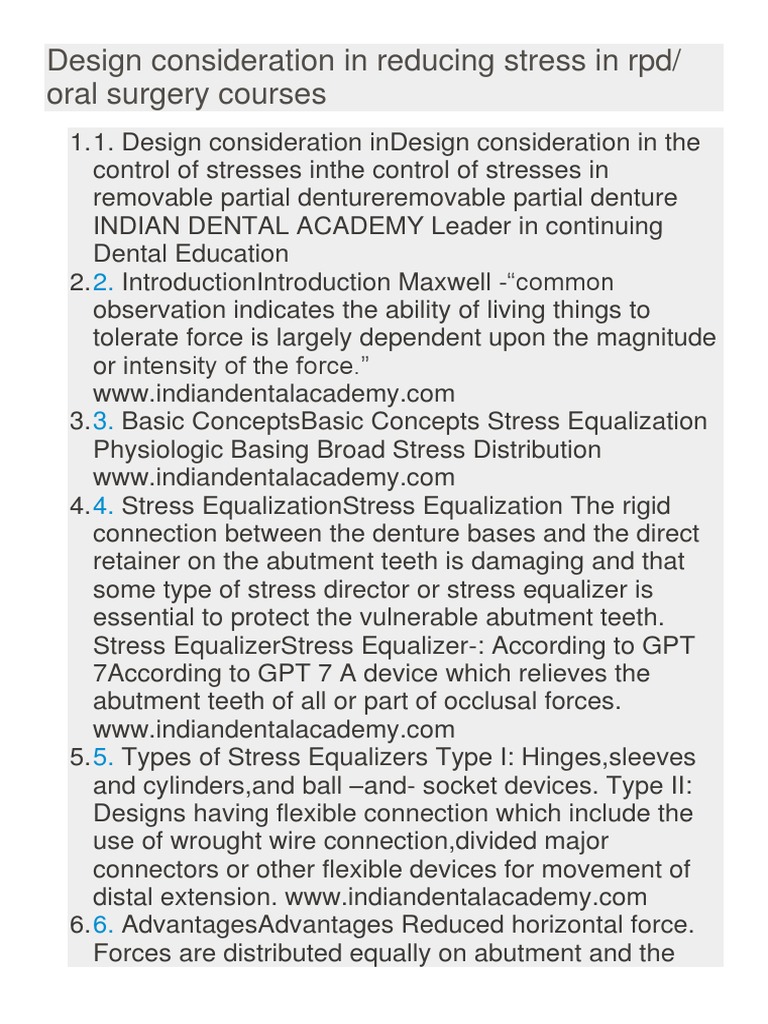 Design Consideration in Reducing Stress in RPD | PDF | Dentures | Dentistry