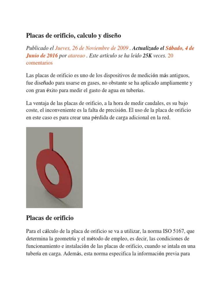 Placas de Orificio, Calculo y Diseño | PDF | Descarga (hidrología) | Fluido