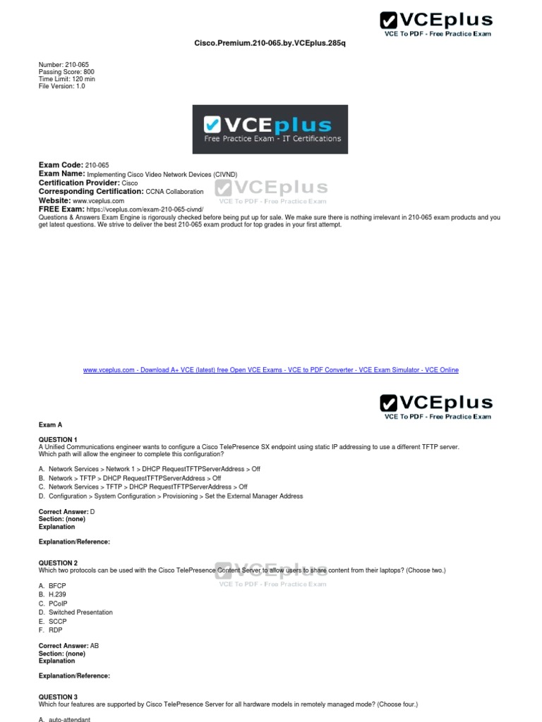 Cisco - Premium.210 065.by - Vceplus.285q | PDF | Session Initiation Protocol | Videotelephony