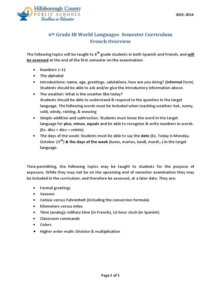 6th Grade IB French Curriculum Overview | PDF | Foreign Language Studies