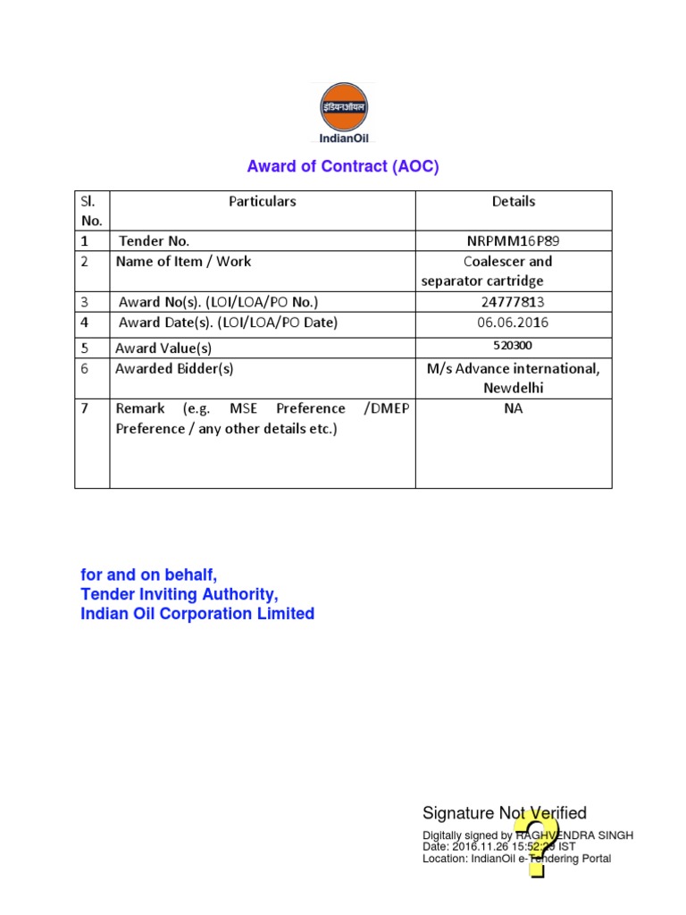 Award of Contract (AOC) : For and On Behalf, Tender Inviting Authority ...