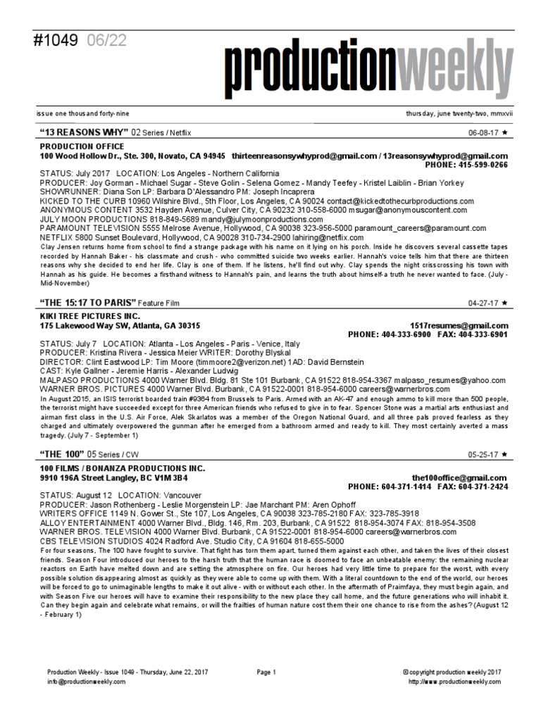 Production Weekly - Issue 1049 - Thursday, June 22, 2017 / 183 Listings ...