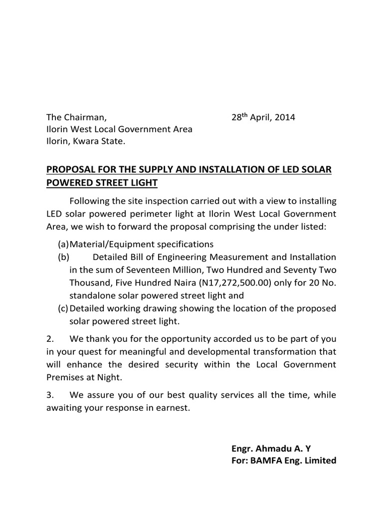 Proposal For The Supply and Installation of Led Solar Powered Street ...