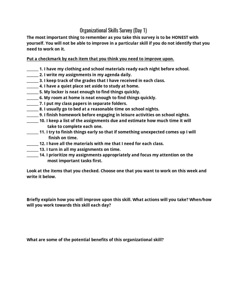 Organizational Skills Survey (Day 1) | PDF | Homework | Cognition