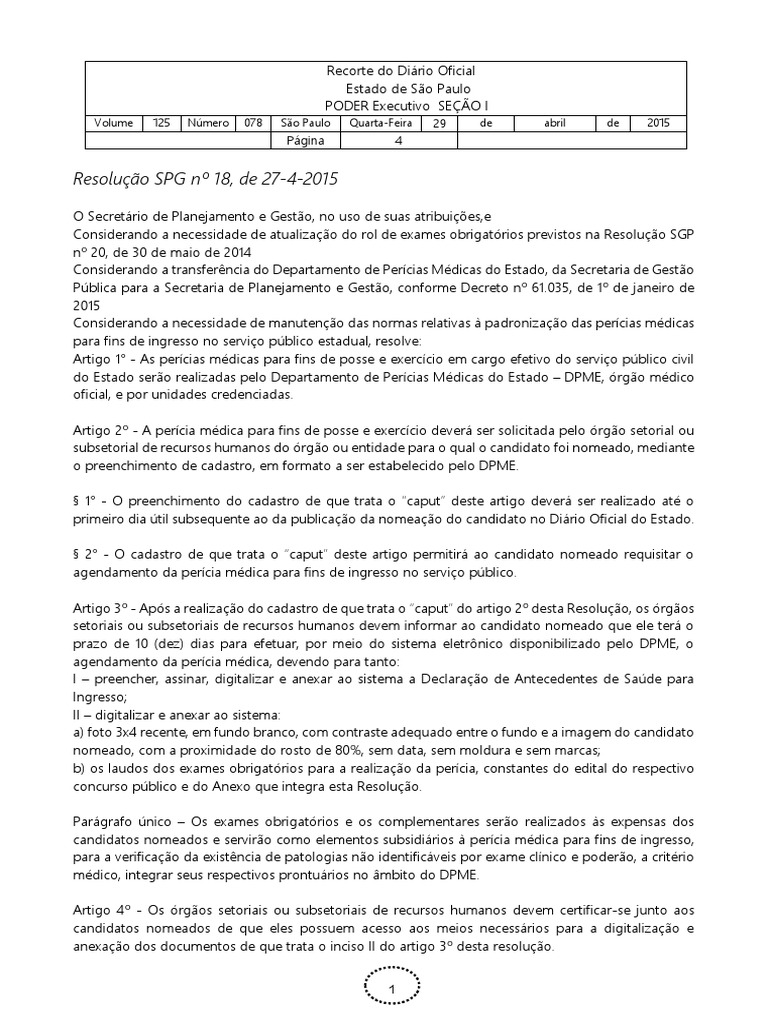 29.04.15 Resolução SPG 18 Perícia Médica | PDF | Eleições | Gestão de ...