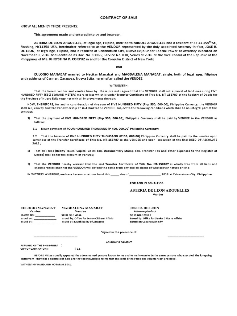 Contract of Sale With SPA | PDF | Deed | Lien