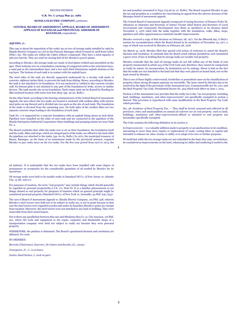 Meralco vs. Cbaa, May 31, 1982 | PDF | Property Tax | Real Property