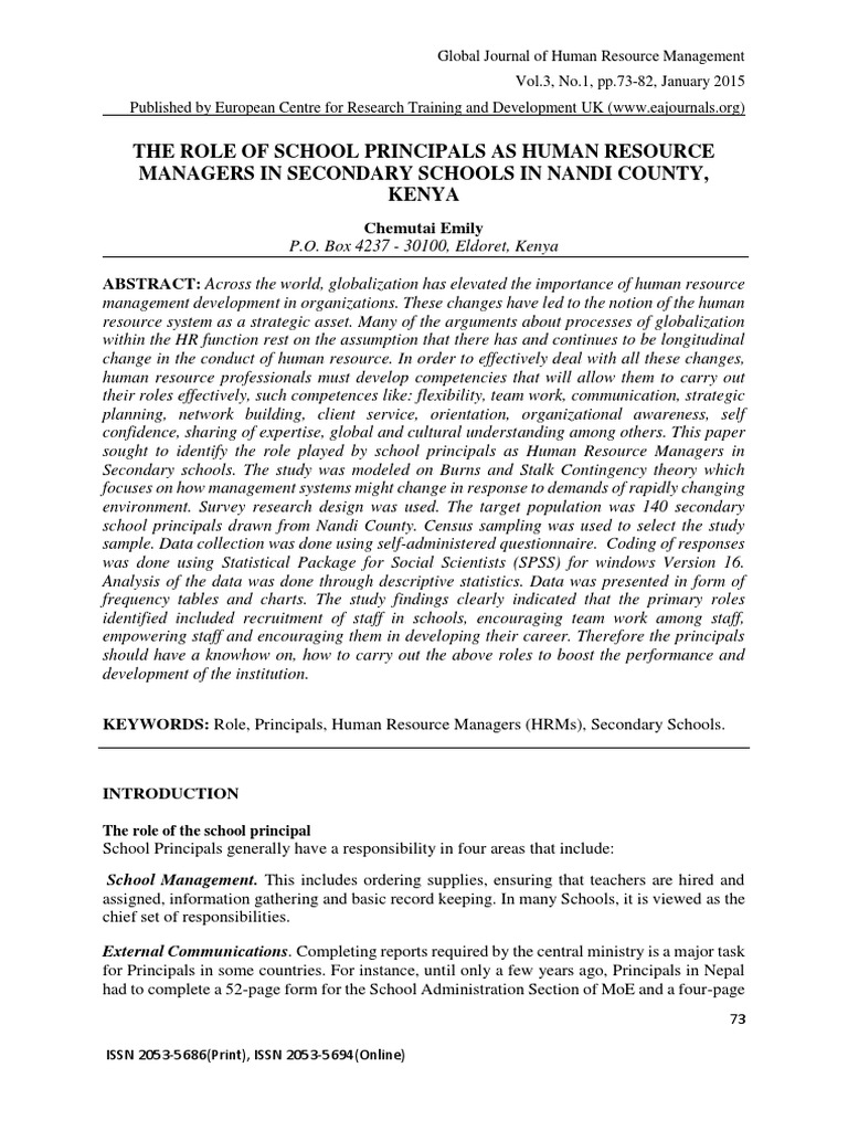 The Role of School Principals As Human Resource Managers in Secondary ...
