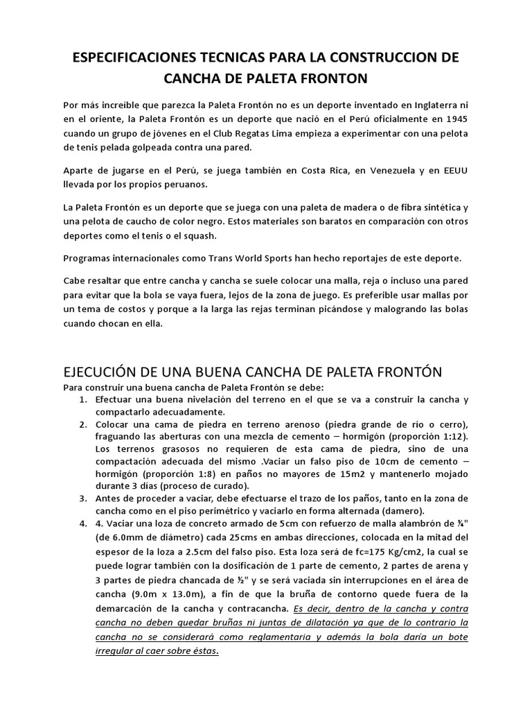 Especificaciones para Cancha de Frontón | PDF | Pelota | Perú