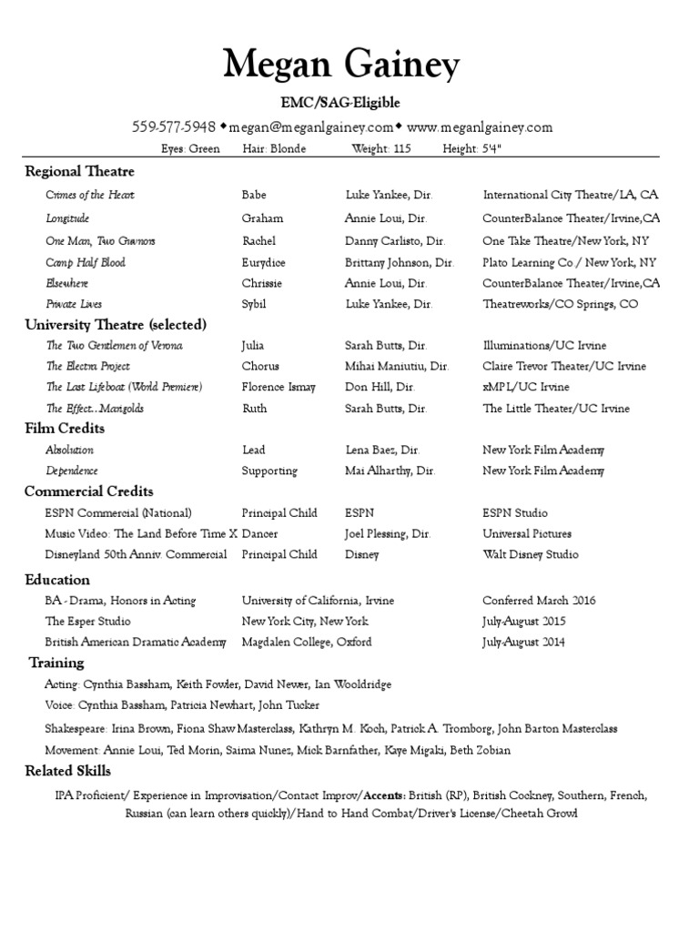 Gainey Megan Resume June 2017 | PDF | Leisure | Theatre