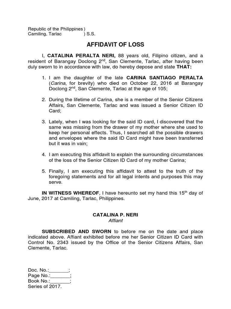 Affidavit of Loss - Catalina (Osca Id Card) | PDF