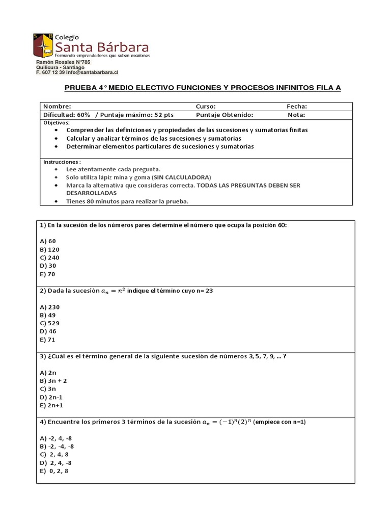 Prueba 1 Cuarto Medio Funciones y Procesos Infinitos Fila A | PDF ...