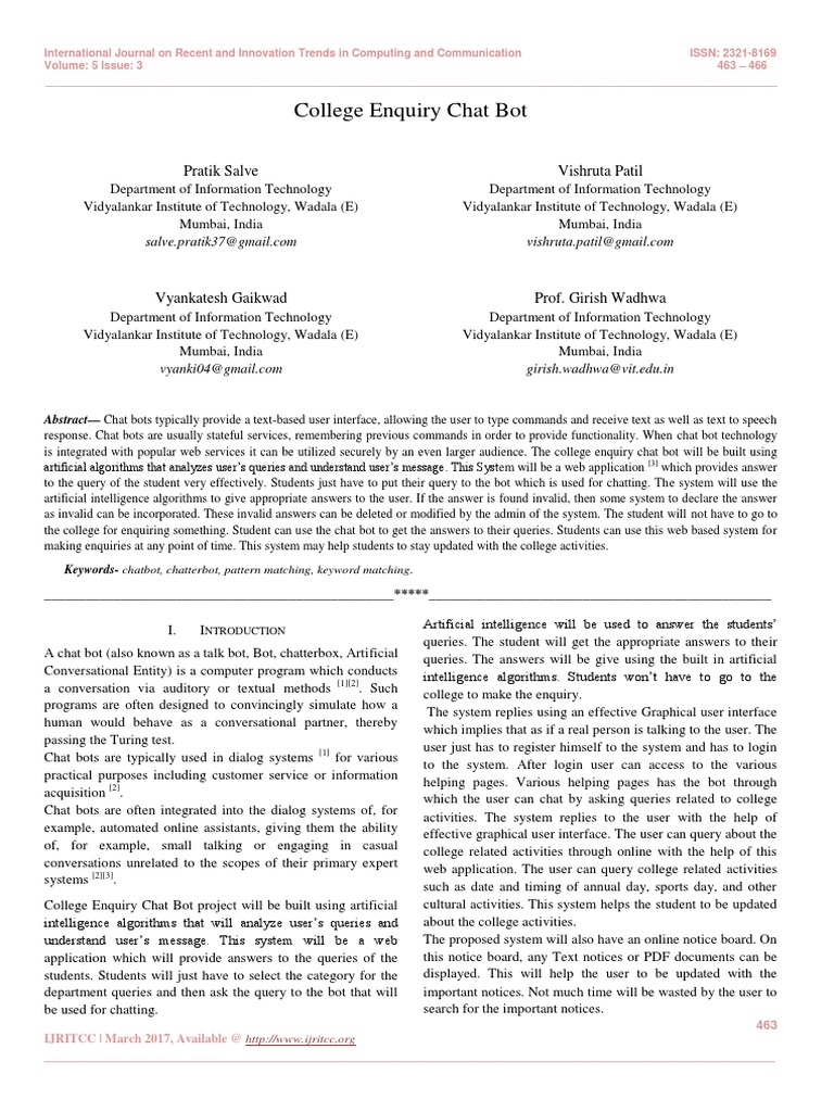 College Enquiry Chat Bot | PDF | Information Science | Cyberspace