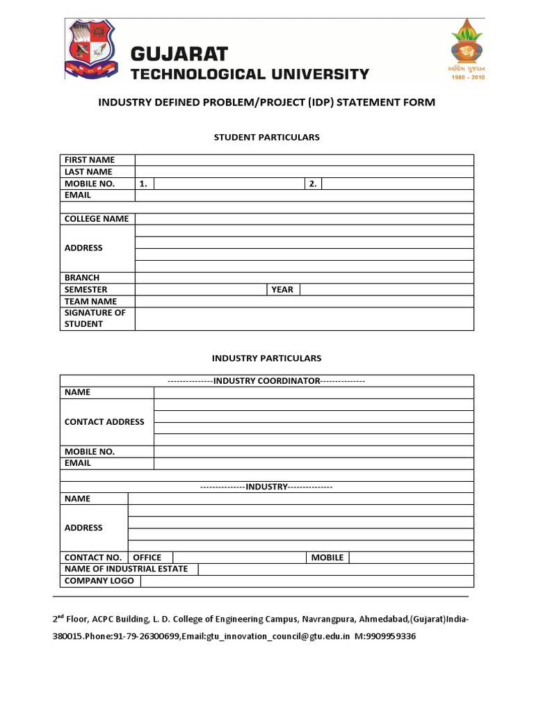 Industry Defined Problem/Project (Idp) Statement Form: Student ...