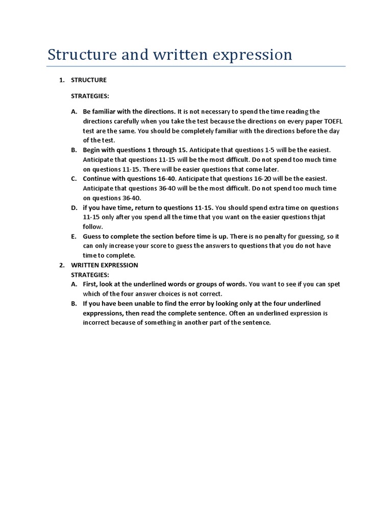 TOEFL STRATEGIES Structure and Written Expression | Subject (Grammar ...