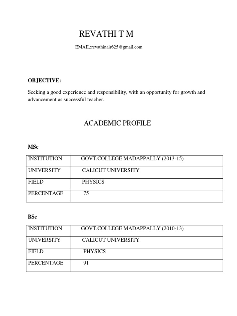Revathi T M: Academic Profile | PDF | Career & Growth | Wellness