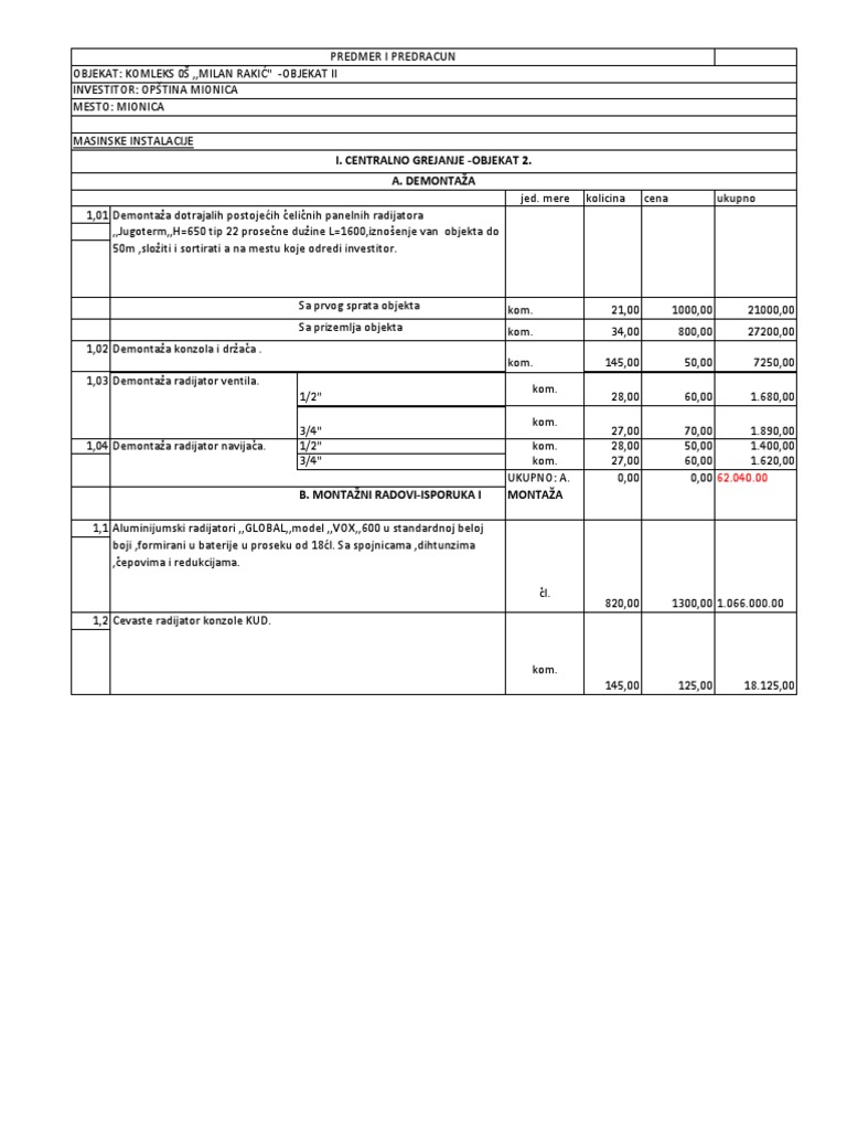Predmer I Predracun Srednja SKOLA C.grejANJE | PDF