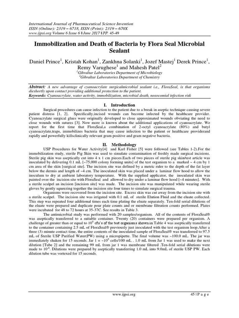 Immobilization and Death of Bacteria by Flora Seal Microbial Sealant ...