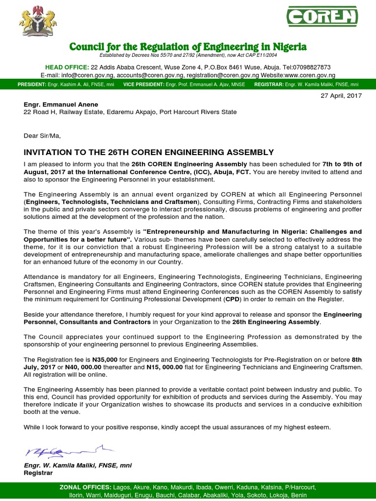COREN Assembly Invitation Letter | Engineering | Technology