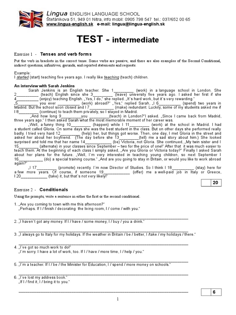 Intermediate Test | PDF | English Language | Verb
