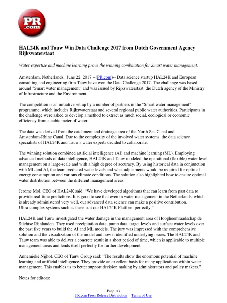 HAL24K and Tauw Win Data Challenge 2017 From Dutch Government Agency Rijkswaterstaat | PDF ...