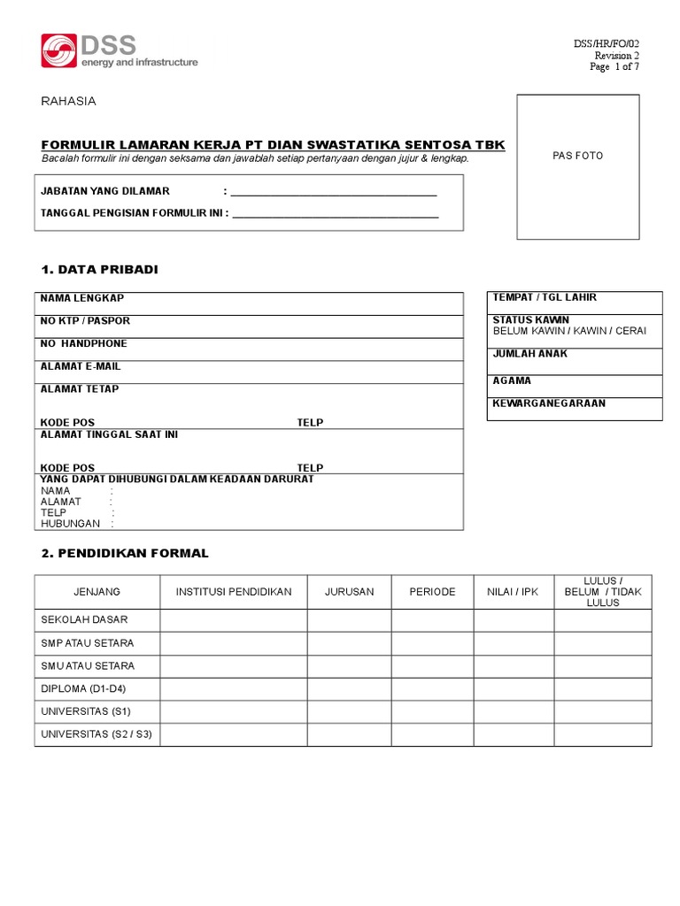 Form Biodata Lamaran Kerja | PDF