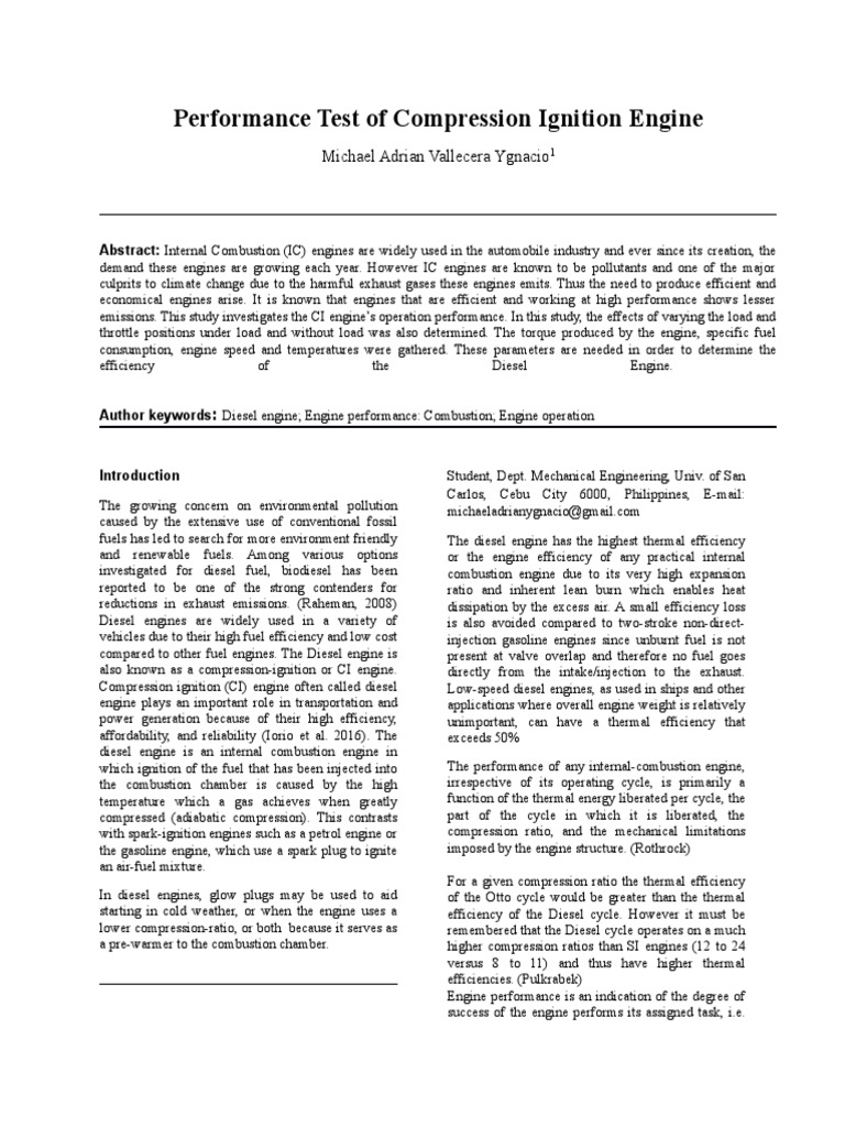 CI Engine Lab Report | PDF | Diesel Engine | Internal Combustion Engine