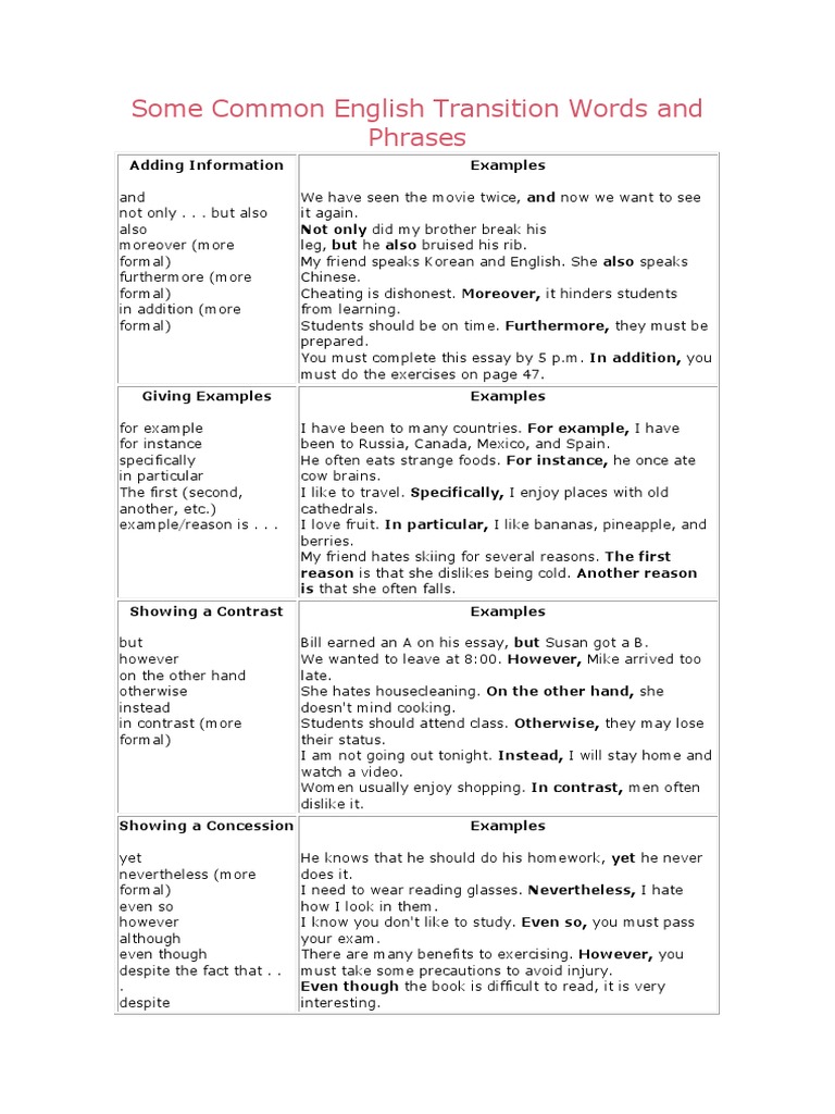 Some Common English Transition Words and Phrases | PDF | Sentence ...