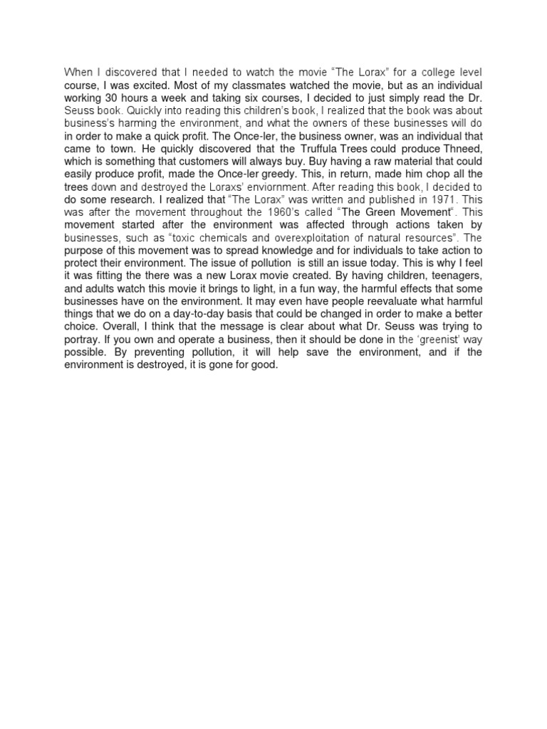 The Lorax Reflection | PDF | Natural Environment | Conservation