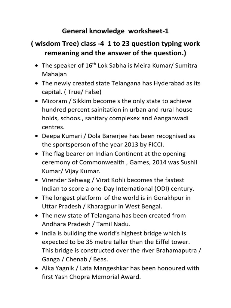 Class 4 GK Worksheet | PDF | Continent | Planets