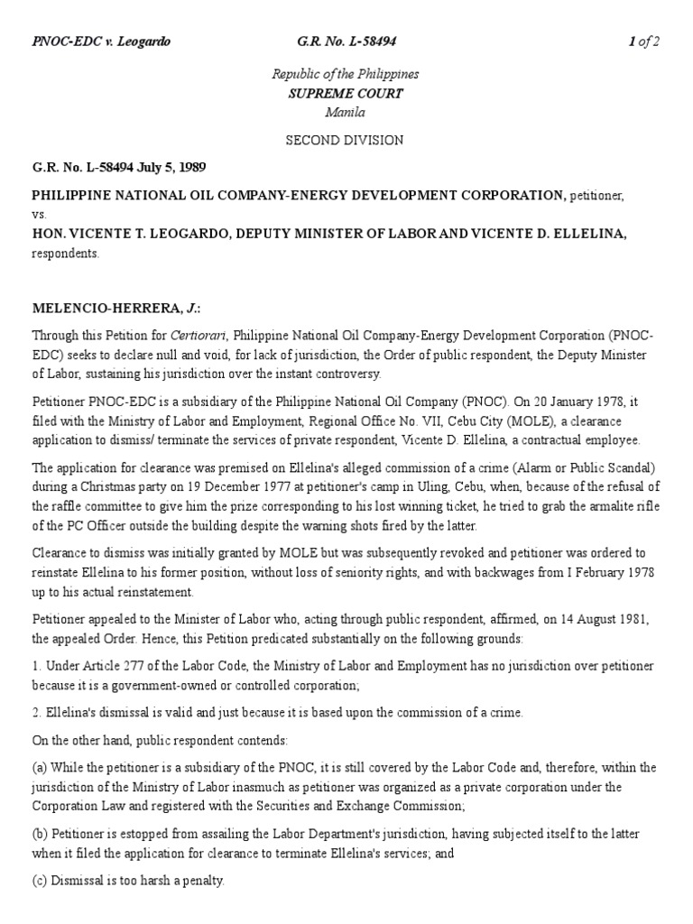 032-PNOC-EDC v. Leogardo, G.R. No. 58494, 5 July 1989 | PDF | Labour ...