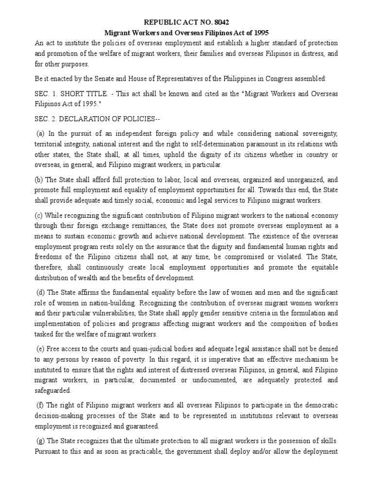 Ra 8042 | PDF | Migrant Worker | Legal Aid