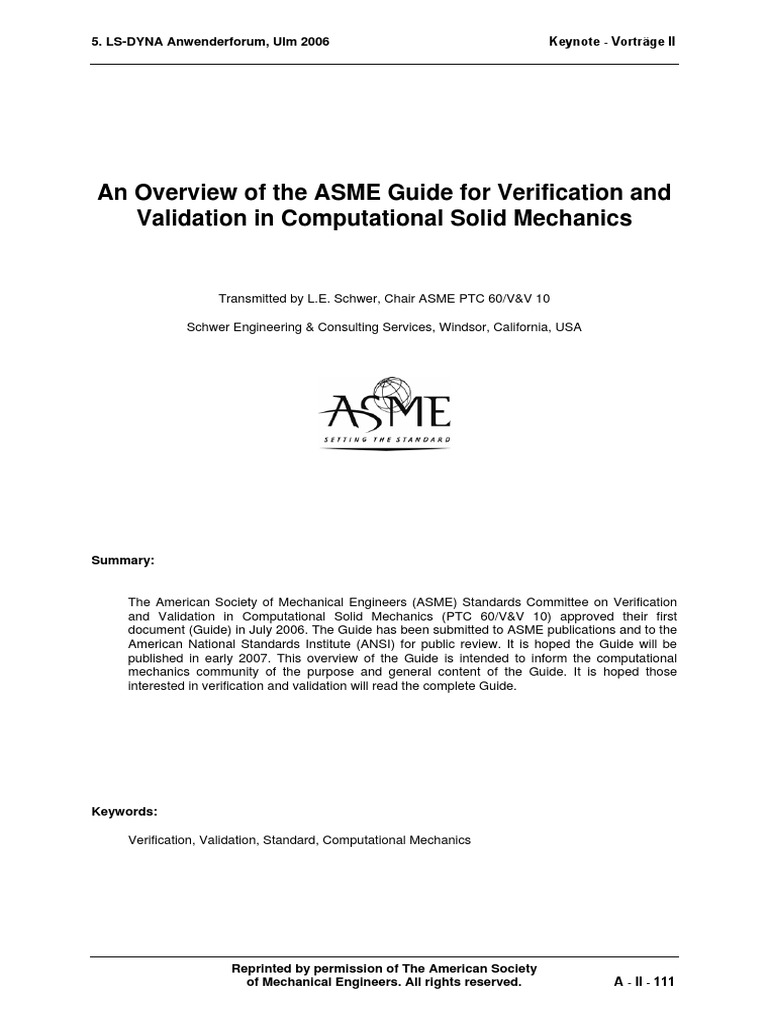 An Overview Ot He ASME Guide For Verification and Validation in Computational Solid Mechanics ...