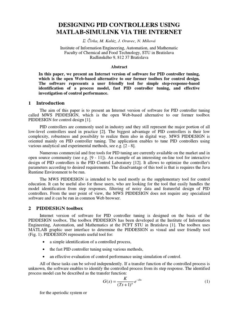 Designing Pid Controllers Using Matlab Simulink Via The Internet Pdf Hypertext Transfer