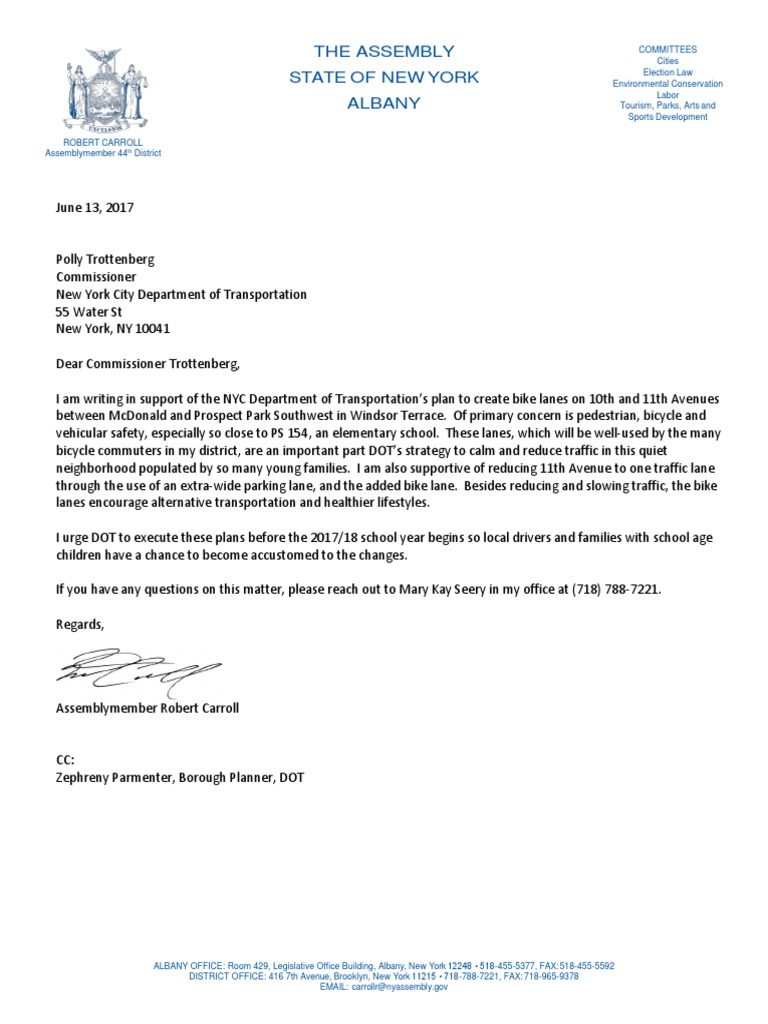 Carroll Letter To DOT Re Bike Lanes | PDF | Traffic | New York City