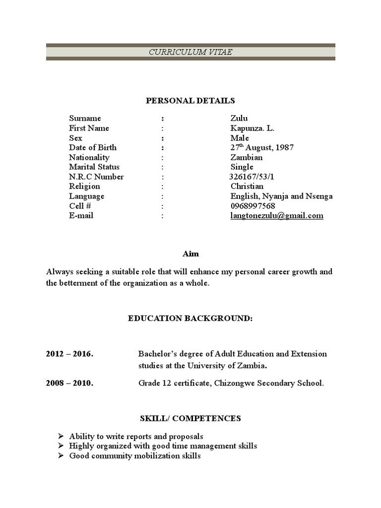 Personal Details:::: Curriculum Vitae | PDF | Zambia | Communication