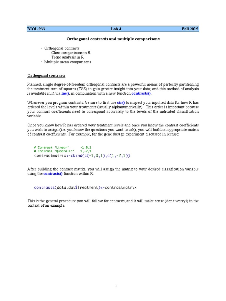 Lab4 Orthogonal Contrasts and Multiple Comparisons | PDF | Linear Trend ...