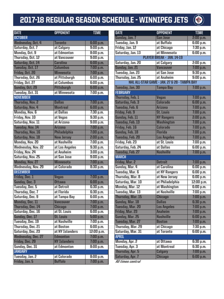 2017-18 Jets Regular Season Schedule | PDF | National Hockey League ...