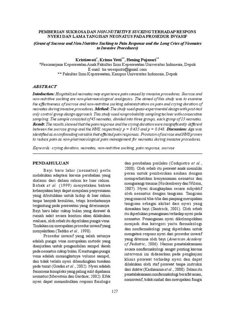 Grant of Sucrose and Non-Nutritive Sucking To Pain Response and The ...