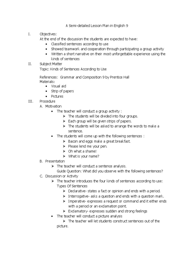Semi Detailed Lesson Plan | Lesson Plan | Sentence (Linguistics) | Free ...